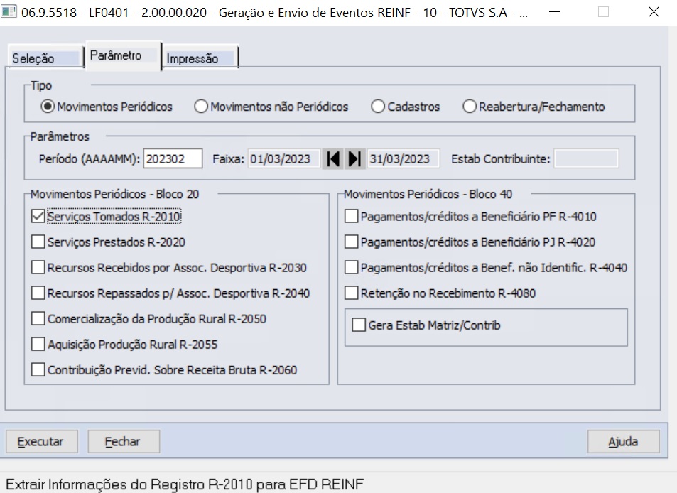 Cross Segmentos - Linha Datasul - MRE - REINF R-2010 - Parametrização ...