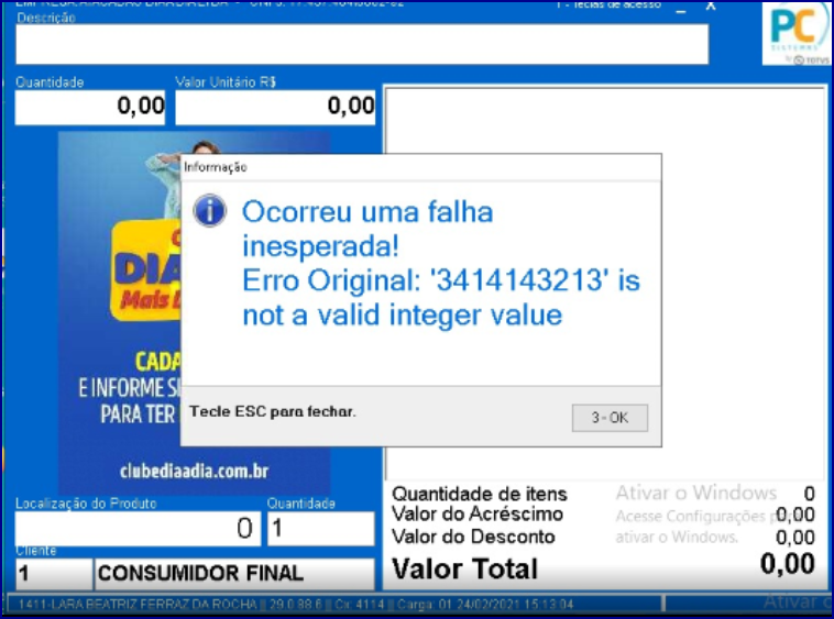 WINT - Ocorreu uma falha inesperada! Erro Original: '3414143213' is not a valid integer value ...