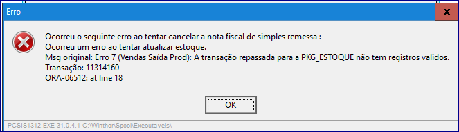 WINT - 1312 - Ocorreu um erro ao tentar atualizar estoque. Msg original: Erro 7 (Vendas Saída ...