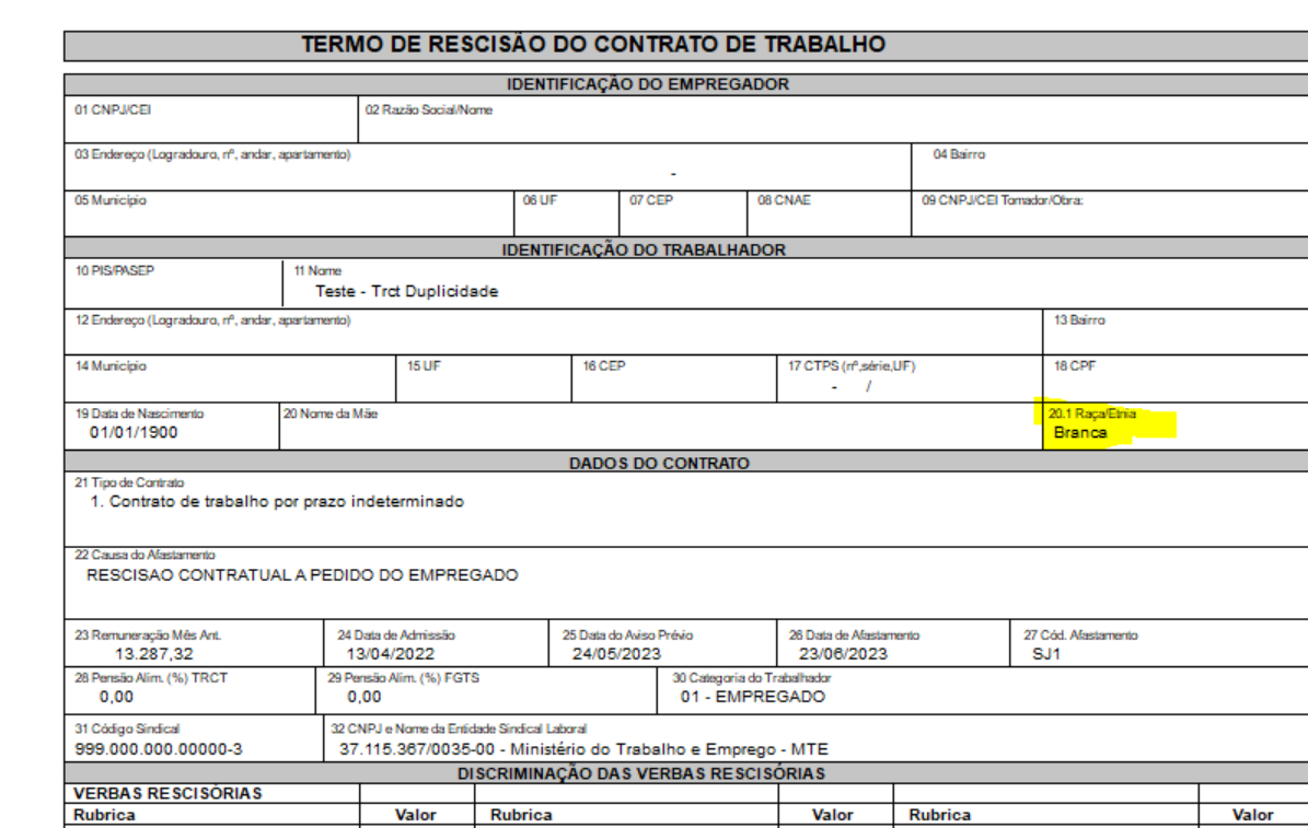 RH - Linha Protheus - GPE - TRCT campo raça\cor conforme Lei 14.553 ...