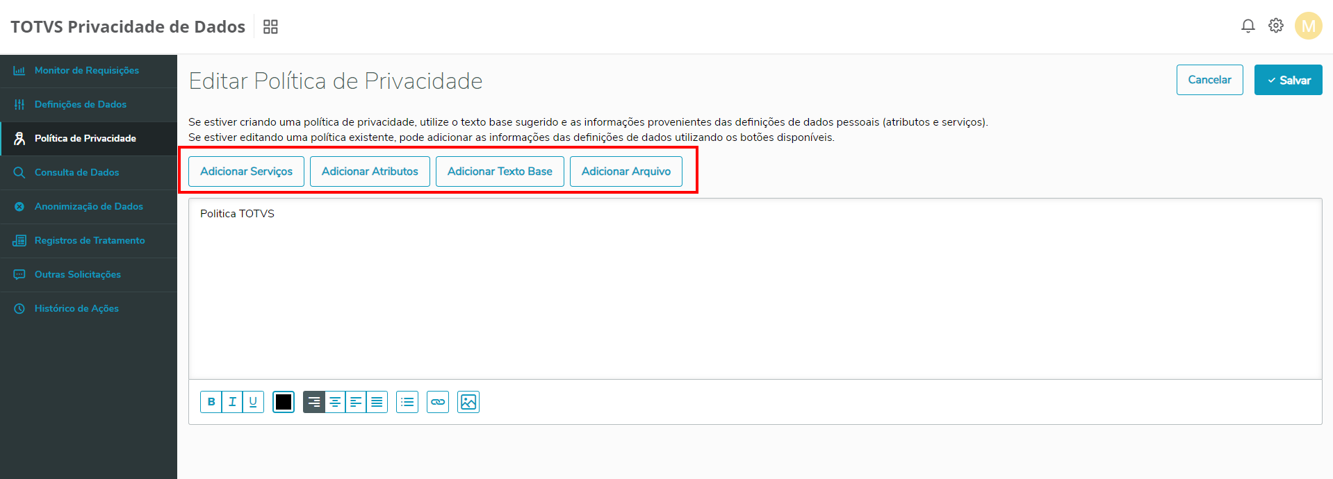 TOTVS Privacidade de Dados - TPD - Como utilizar os recursos para editar a Política de ...