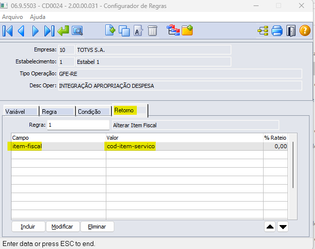 Logística - Linha Protheus - GFE - Alterar o item fiscal, no OF0305, ao ...