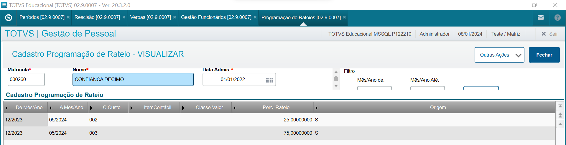RH - Linha Protheus - GPE - Como realizar programação de rateio em lote ...