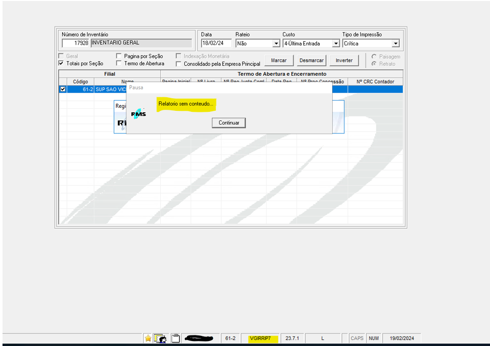 RMS - INV - REL. REG. INVENTÁRIO VGIRRIP7 - MENSAGEM RELATÓRIO SEM ...