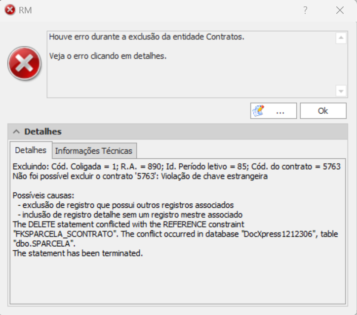 TOTVS Educacional - Educacional - EDU - The DELETE statement conflicted with the REFERENCE ...