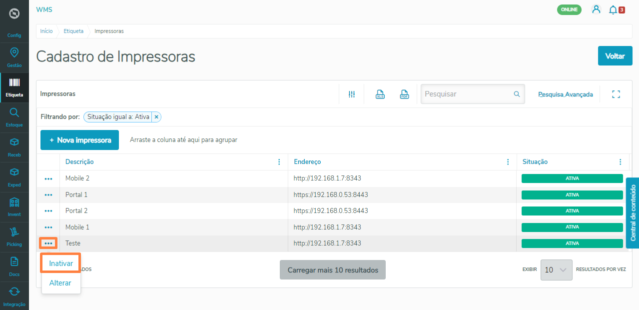 Logística - TOTVS WMS (SAAS) - Cadastro de impressoras – Central de Atendimento TOTVS