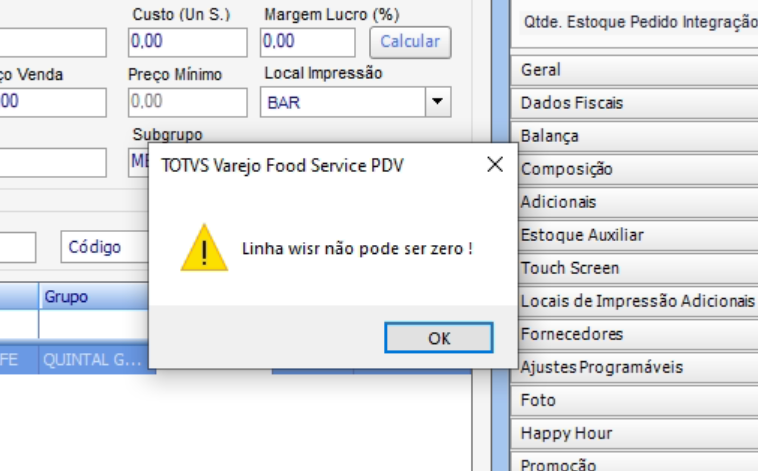 TC - PDV - LINHA WISR NÃO PODE SER ZERO – Central de Atendimento TOTVS