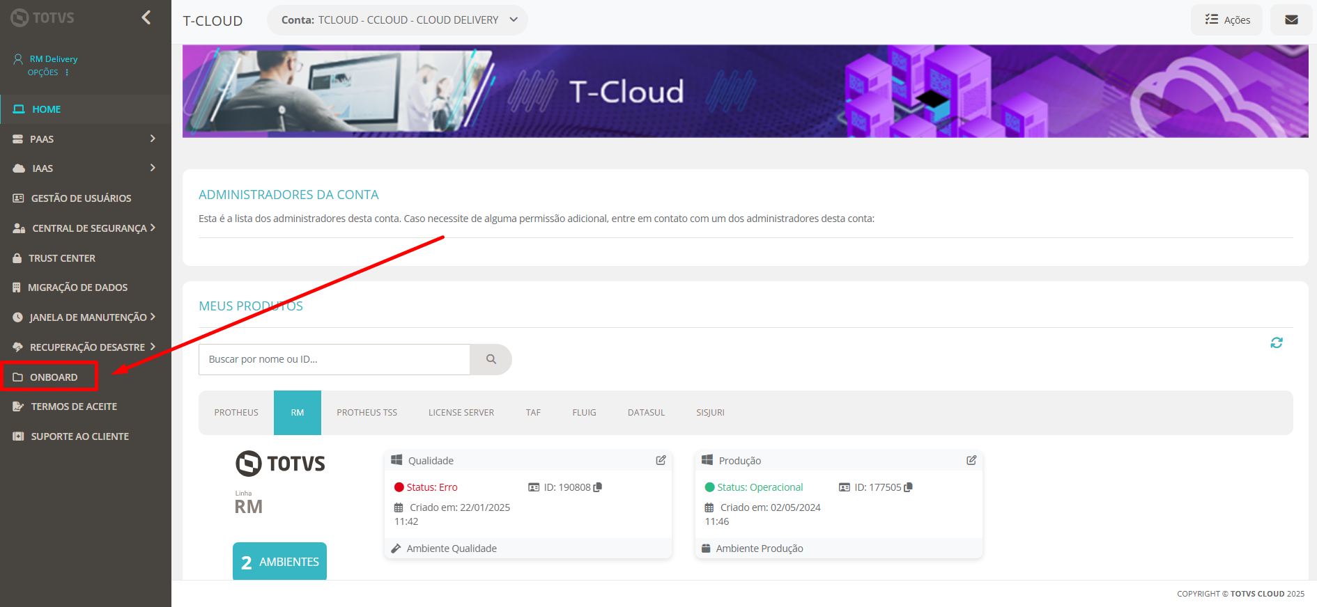 CLOUD - RM - ONBOARD – Central de Atendimento TOTVS