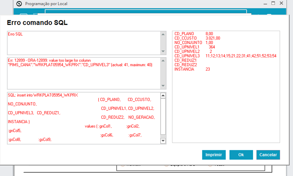 Agro - PIMS CS - PLATIV - value too large for column - Demonstrativo de ...
