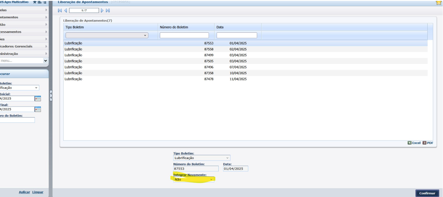 Agro - PIMS MC - MNF - Liberação de Apontamentos - Lubrificação ...