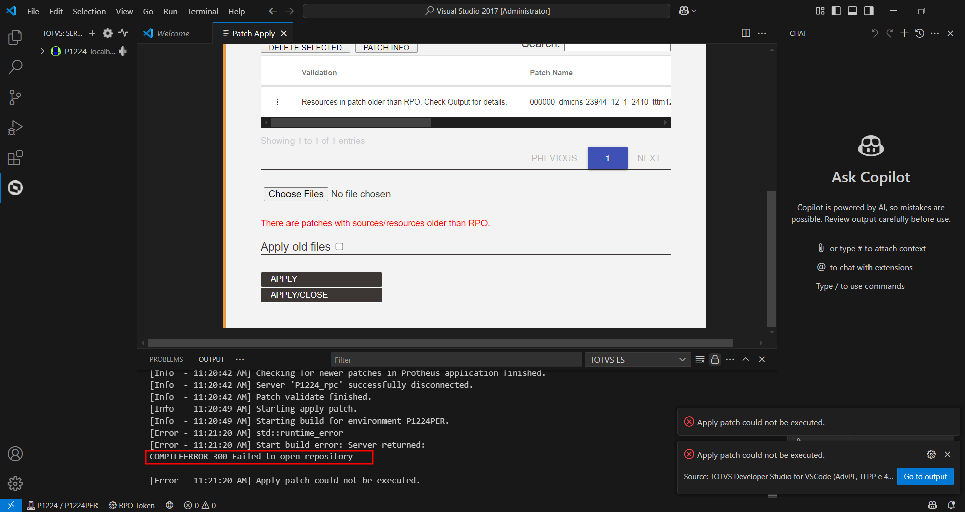 Cross Segmentos - TOTVS Backoffice (Linea Protheus) - MI - VsCode - COMPILEERROR - 300 Failed to ...
