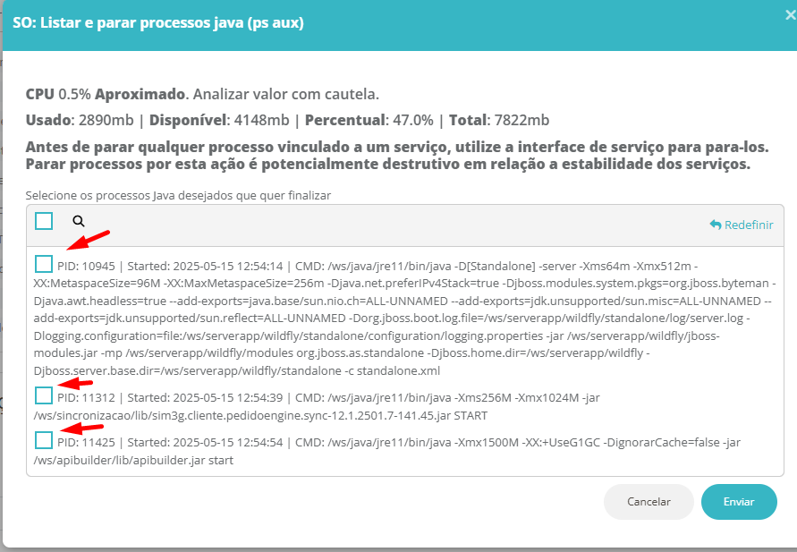 SO: Listar e parar processos java (ps aux) – Central de Atendimento TOTVS