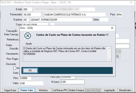 Cross Segmentos - Linha Datasul - APB - Alterar Documentos - Erro - 524 ...