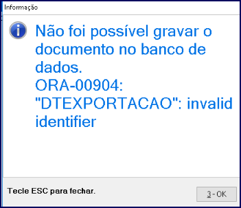 WINT - Não foi possível gravar o documento no banco de dados. ORA-00904 ...