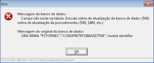 WINT - ORA-00904: "PCFORNEC"."consfretefobbasestnf": invalid identifier ...