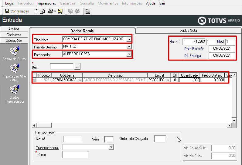 GA - TOTVS VAREJO LINHA GEMCO - GEMCO IMPLEMENT - ENTRADA DE ATIVO ...