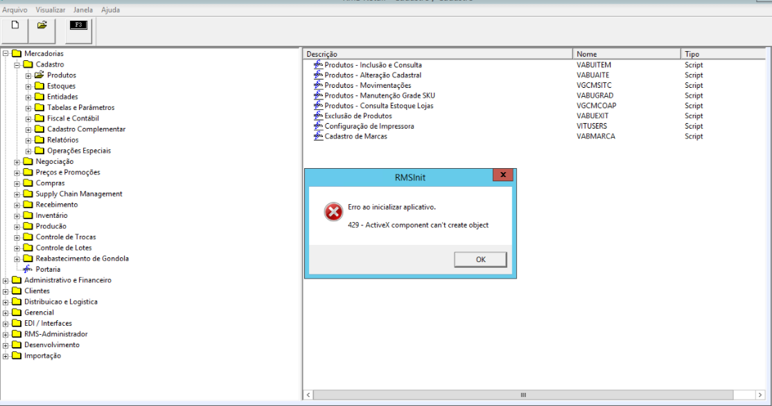 RMS - INF - Erro ao inicializar aplicativo 429 - ActiveX – Central de Atendimento TOTVS