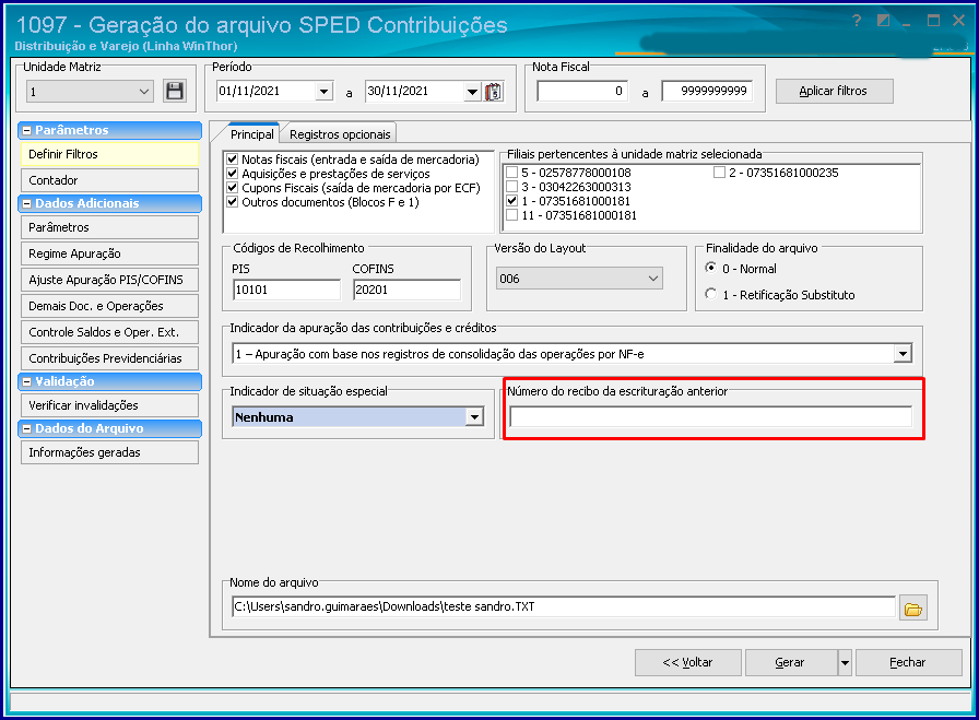 WINT - Como informar o recibo da escrituração anterior na rotina 1097 ...