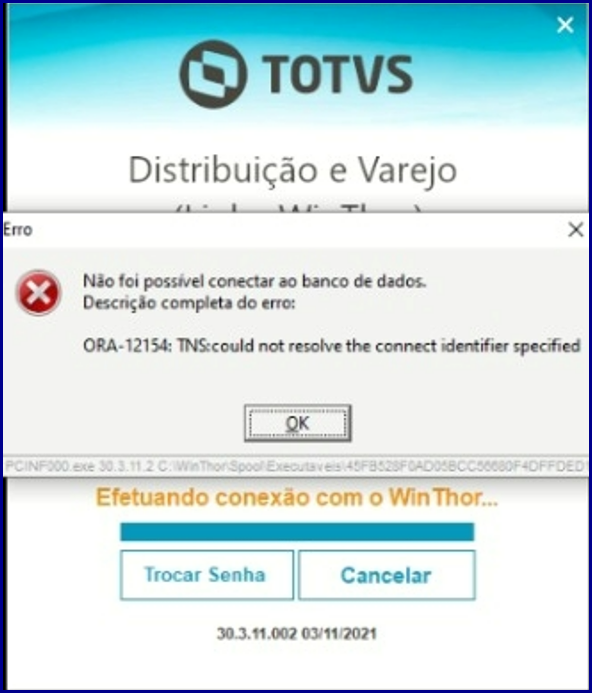 Wint Ao Logar No Menu Winthor E For Apresentado A Mensagem Não Foi Possível Conectar Ao Banco 