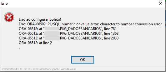 WINT Erro Ao Configurar Boleto Erro ORA 06502 PL SQL Numeric Or 