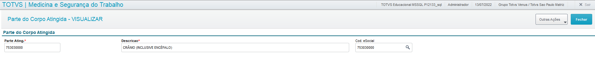 RH - Linha Protheus - MDT - Parte do corpo atingida – Central de Atendimento TOTVS