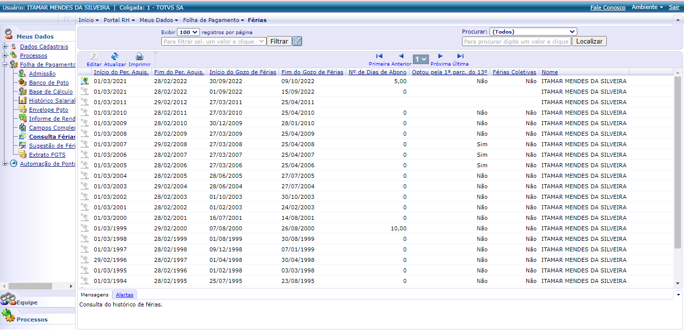 RH - RM - FOP - RM Portal - Consulta Férias – Central de Atendimento TOTVS