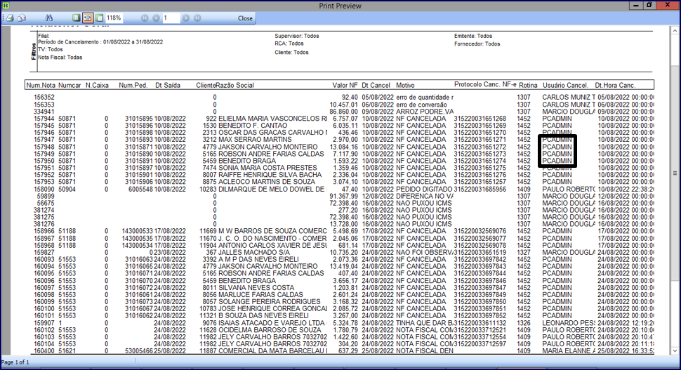 WINT - Por que no relatório da 1418 sai com usuário PCADMIN – Central de Atendimento TOTVS